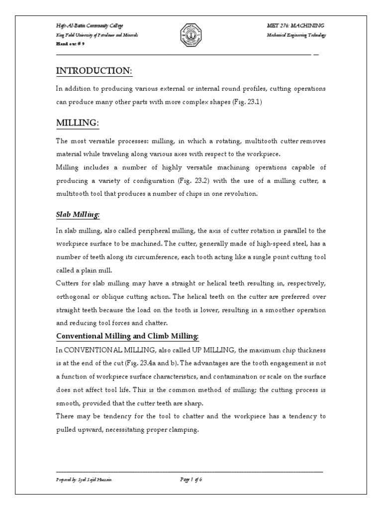 Slab Milling:: Conventional Milling and Climb Milling | PDF | Machining ...