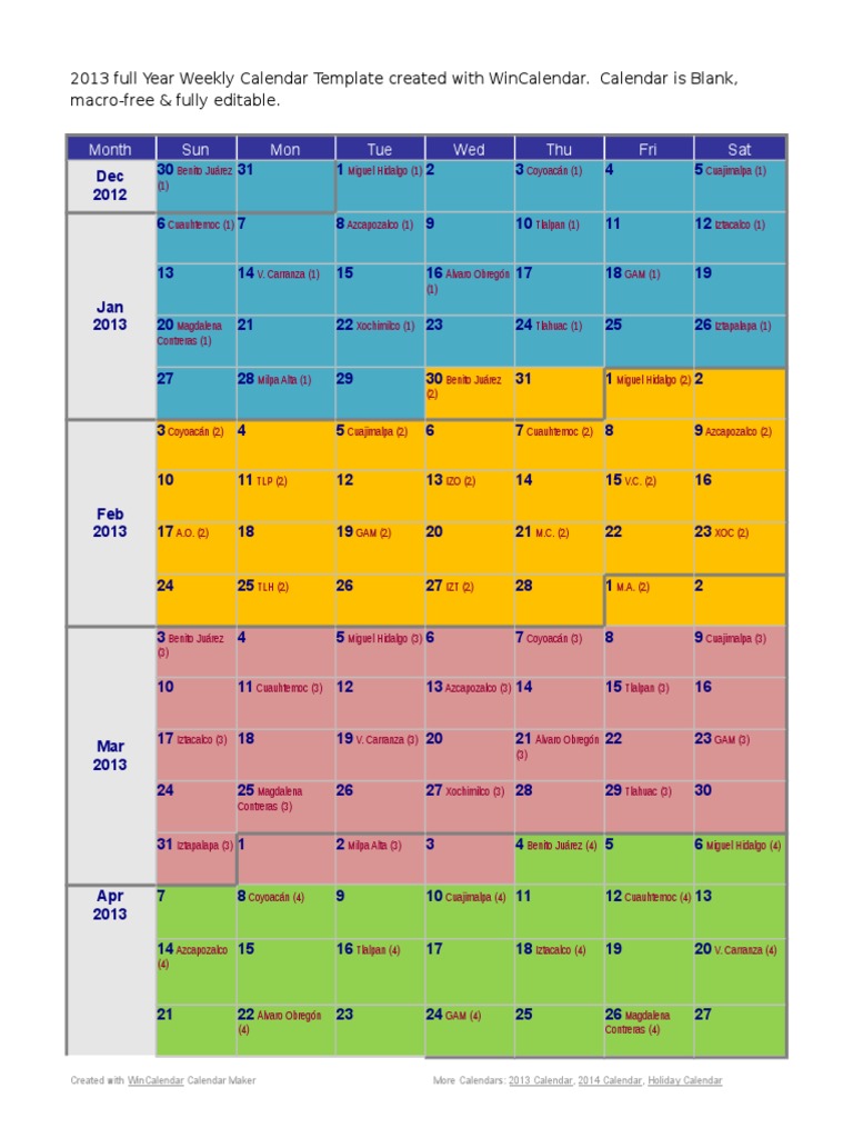 2013 Editable Weekly Calendar Template | PDF