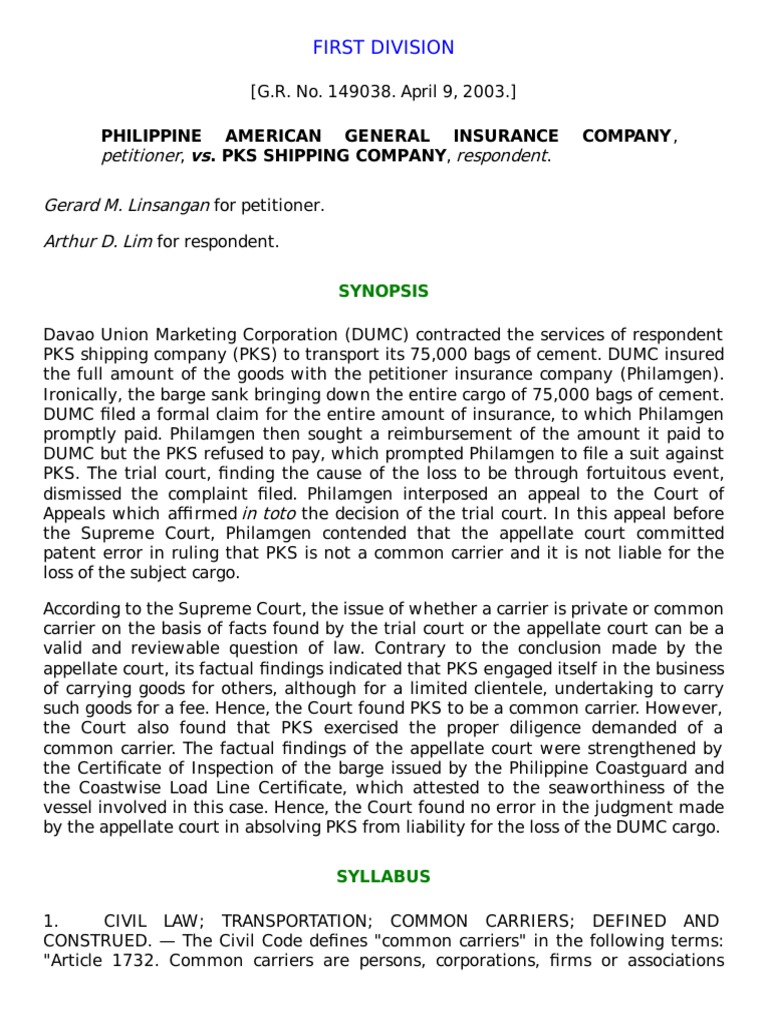 Phil Am Gen Insurance | PDF | Common Carrier | Question Of Law
