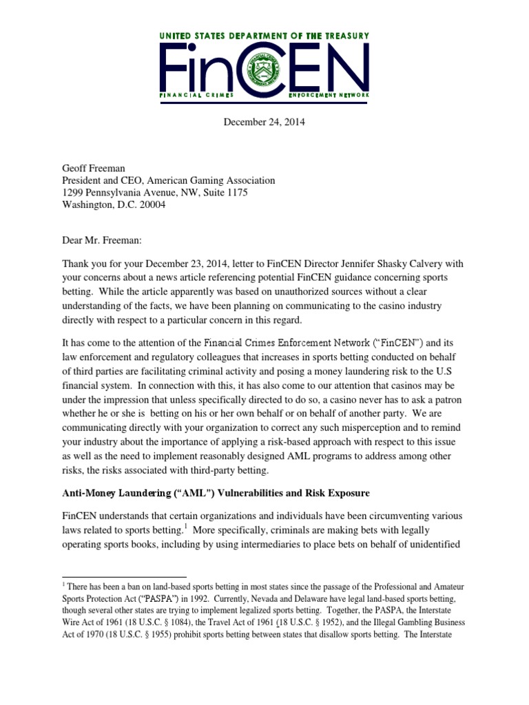 FinCEN Letter To AGA | PDF | Money Laundering | Gambling