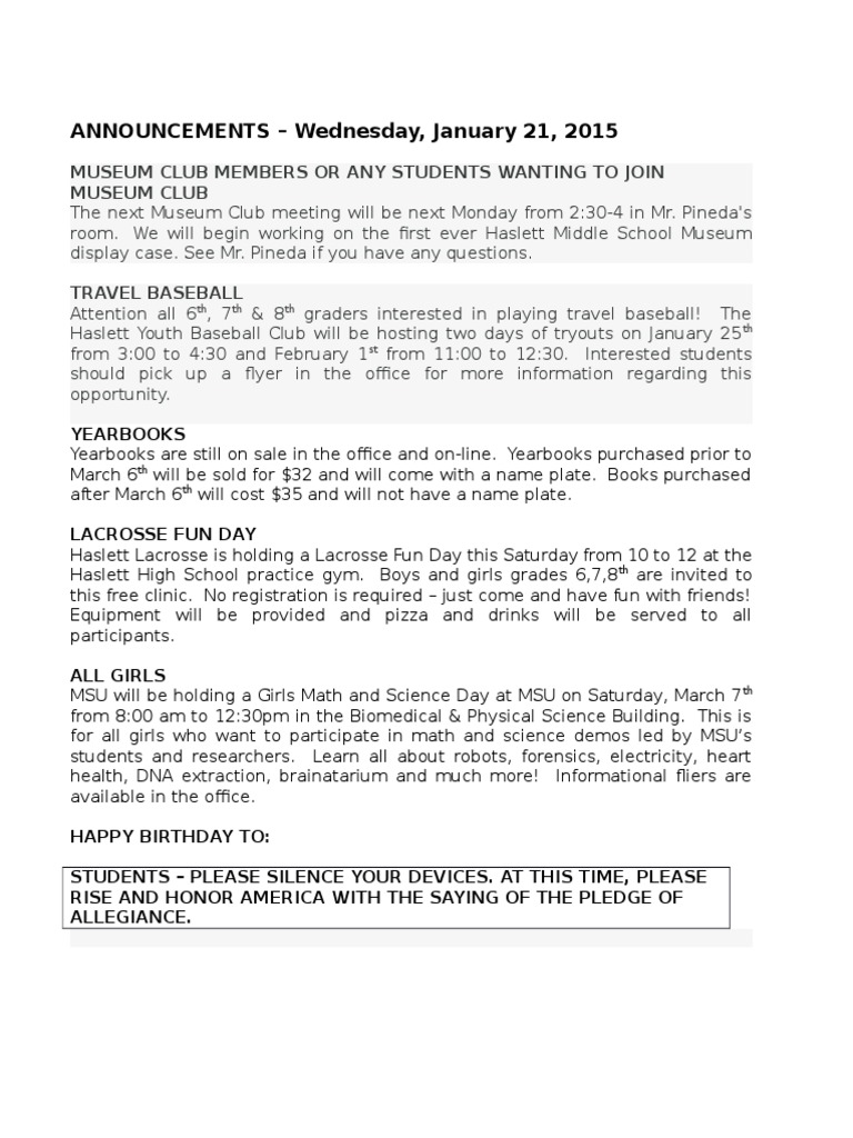 ANNOUNCEMENTS - Wednesday, January 21, 2015: Museum Club Members or Any ...