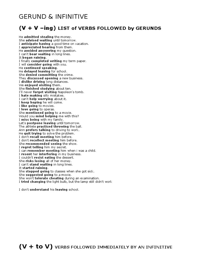 Lists of Verbs Followed by (Gerund or Infinitve) | PDF