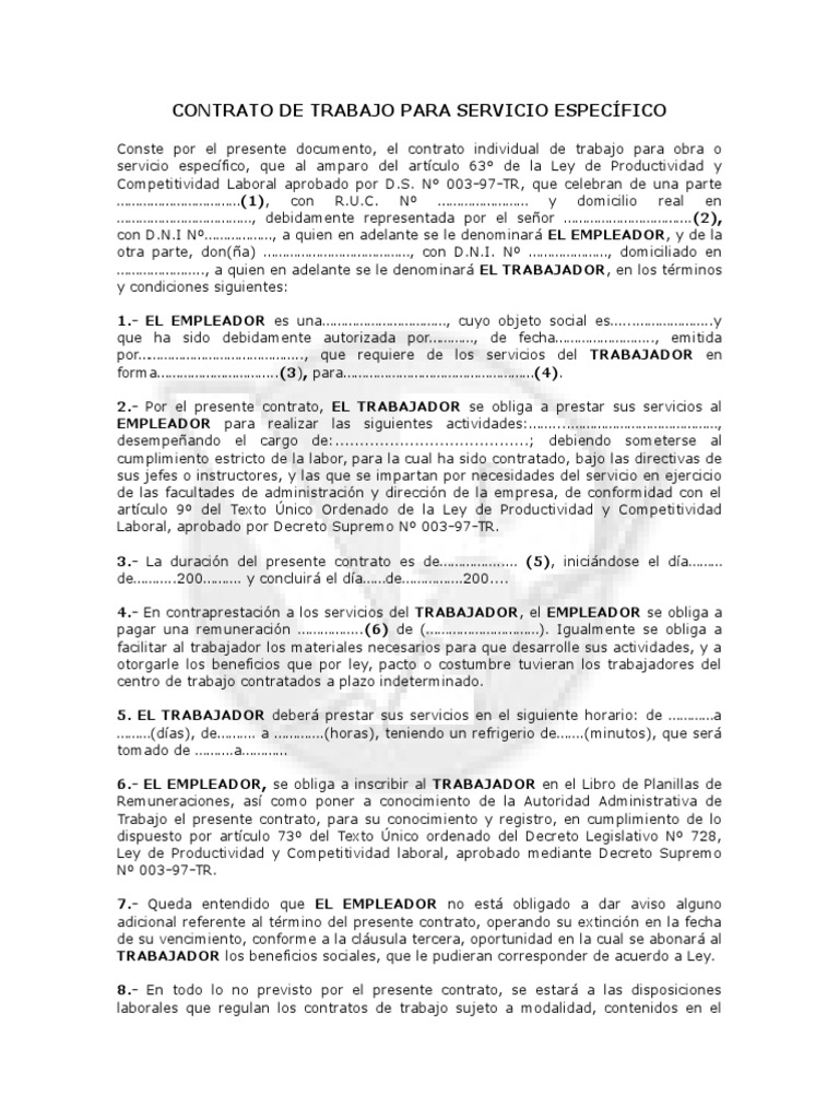 Contrato de Trabajo para Servicio Específico | PDF | Derecho laboral | Información del gobierno