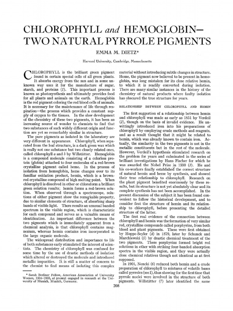 CHLOROPHYLL and HEMOGLOBINTWO NATURAL PYRROLE PIGMENTS | PDF ...