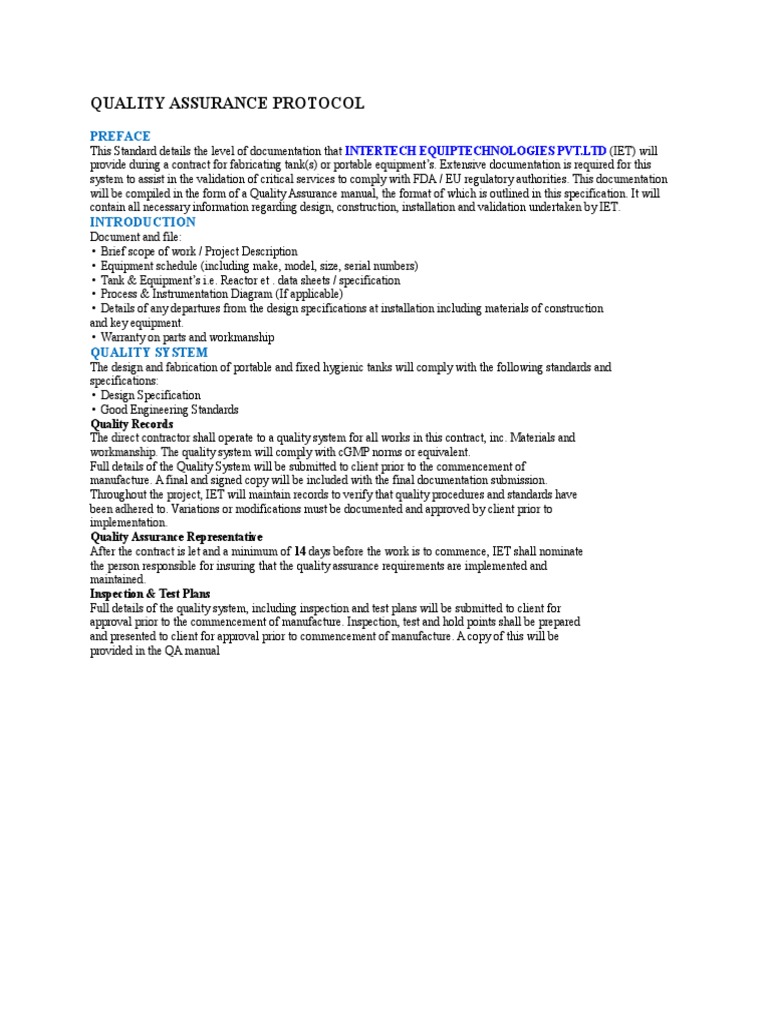 Quality Assurance Protocol-1 | PDF | Business | Technology & Engineering