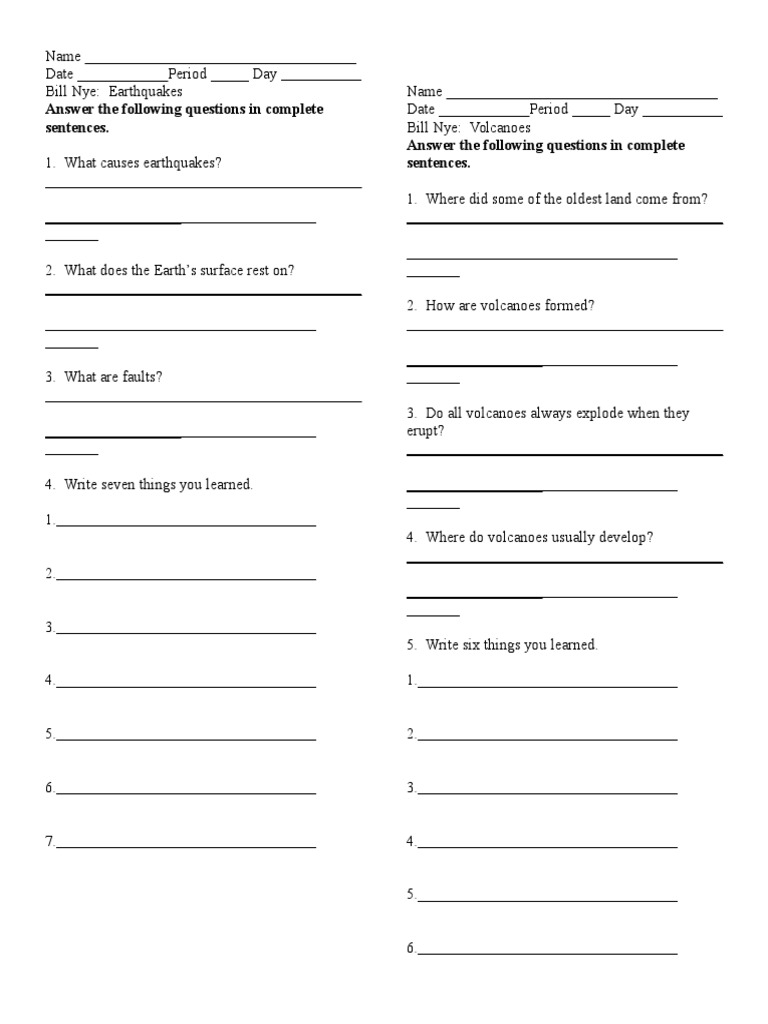 Bill Nye: Earthquakes & Volcanoes Worksheet | PDF