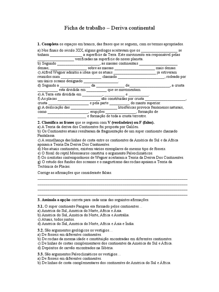 Ficha de Trabalho - Deriva Continental | PDF | Continente | Terra