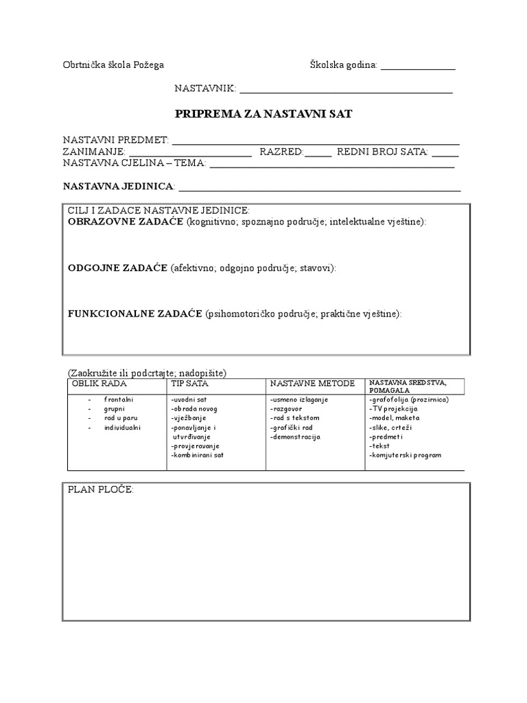 DNEVNA PRIPREMA - Obrazac I Teorija | PDF