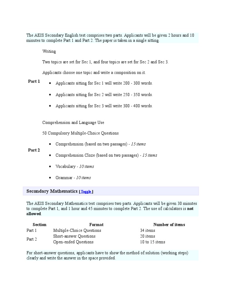 AEIS Secondary English Exam Overview | PDF