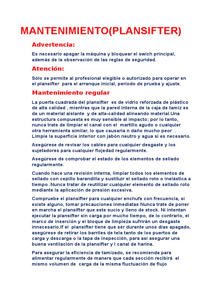 Mantenimiento del Plansifter: Guía Esencial | PDF | Lubricante | Tornillo