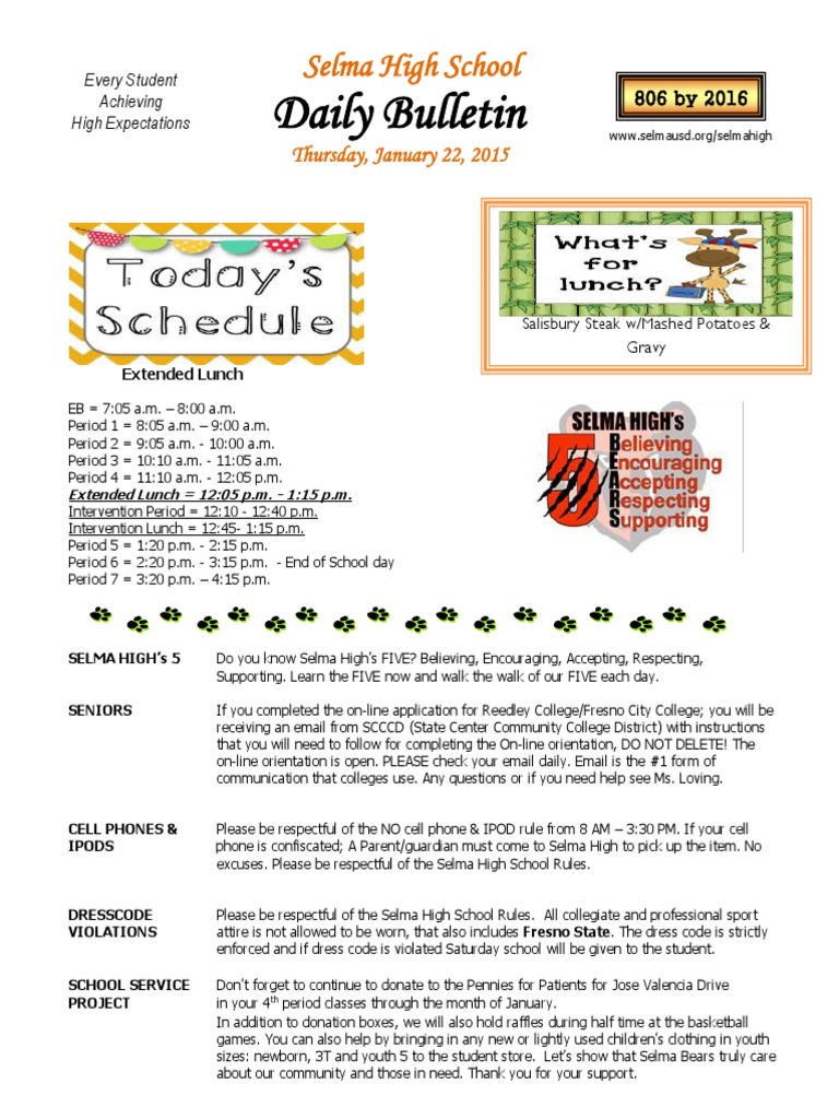 SHS Daily Bulletin 1-22-15 | PDF | Clothing