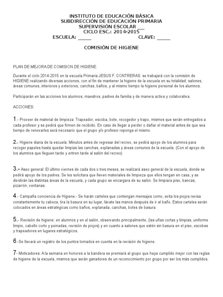 Plan de Comisión de Higiene Primaria | PDF | Higiene | Educación primaria