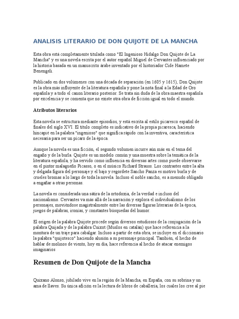 Analisis Literario de Don Quijote de La Mancha | PDF | Don Quijote ...
