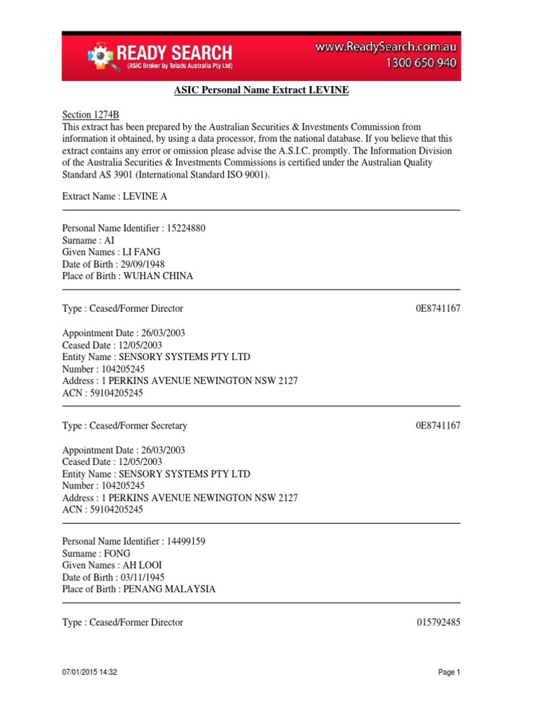 ASIC Personal Name Extract: Levine | PDF | Companies | Government Of ...