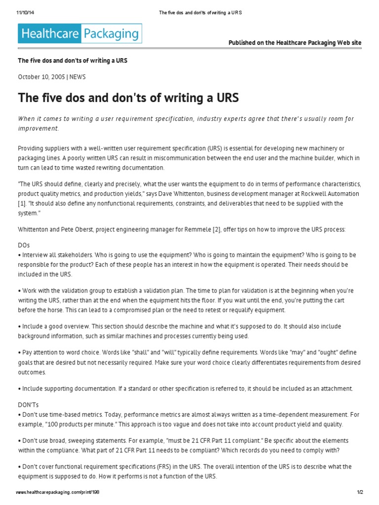 The Five Dos and Don'Ts of Writing A URS | PDF | Specification ...