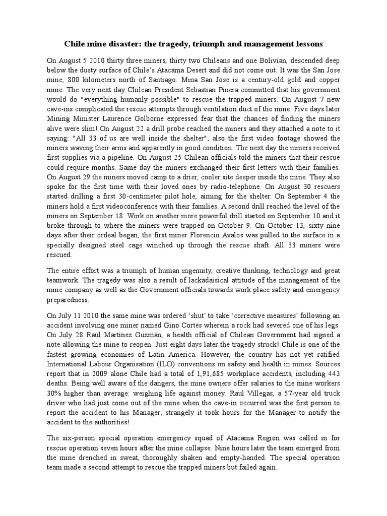 Chile Mine Disaster: The Tragedy, Triumph and Management Lessons | PDF ...