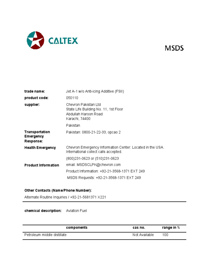 Jet A-1 W/o Anti-Icing Additive (FSII) : 1. Chemical & Company ...