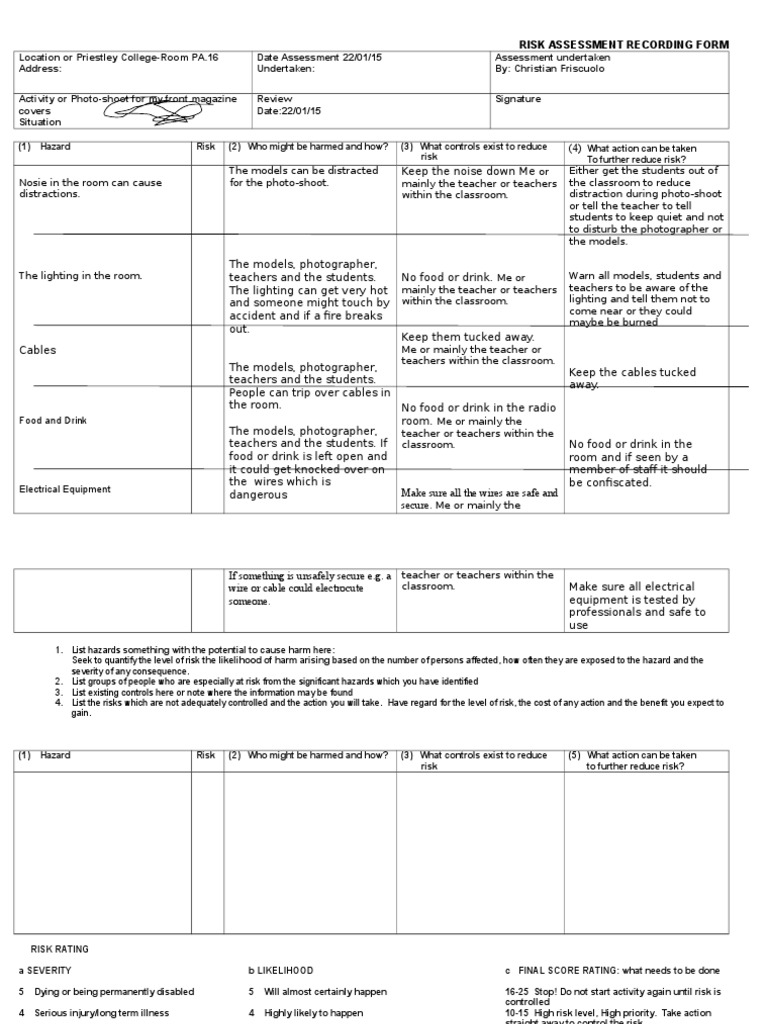 Risk Assessment Recording Form | PDF | Risk | Classroom