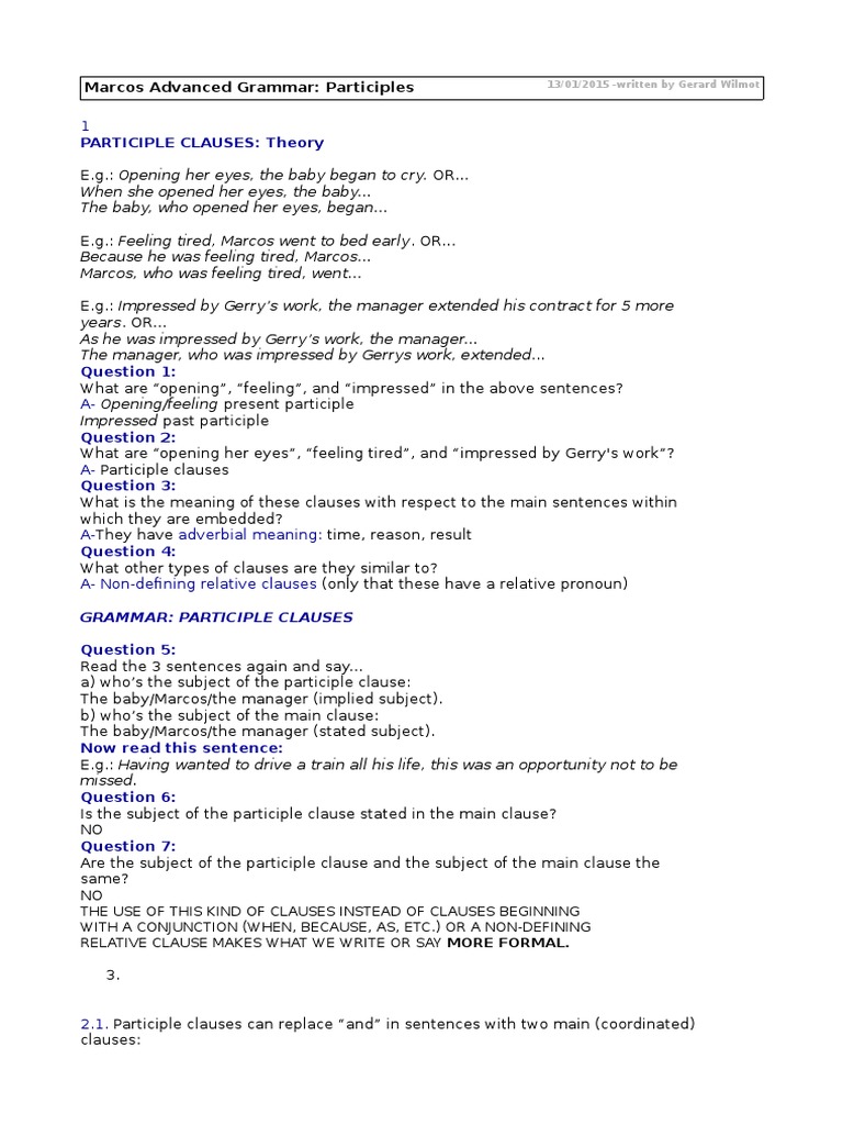 Participle Clauses | PDF | Clause | Subject (Grammar)