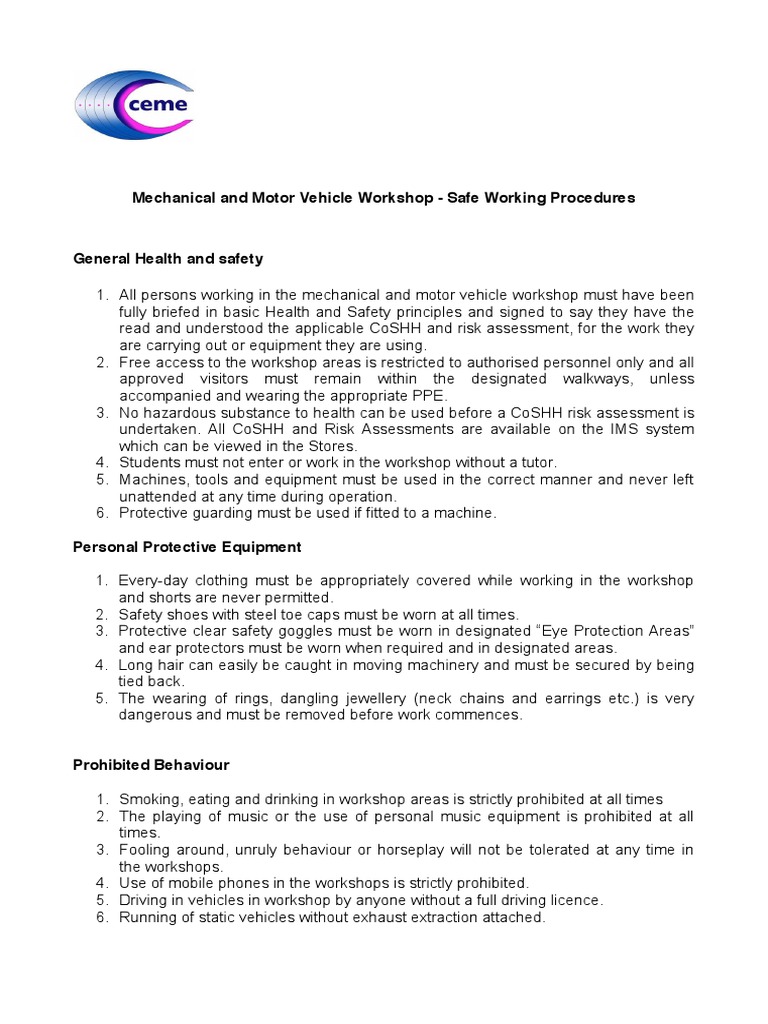 Workshop Health and Safety Guidelines | PDF | Personal Protective ...