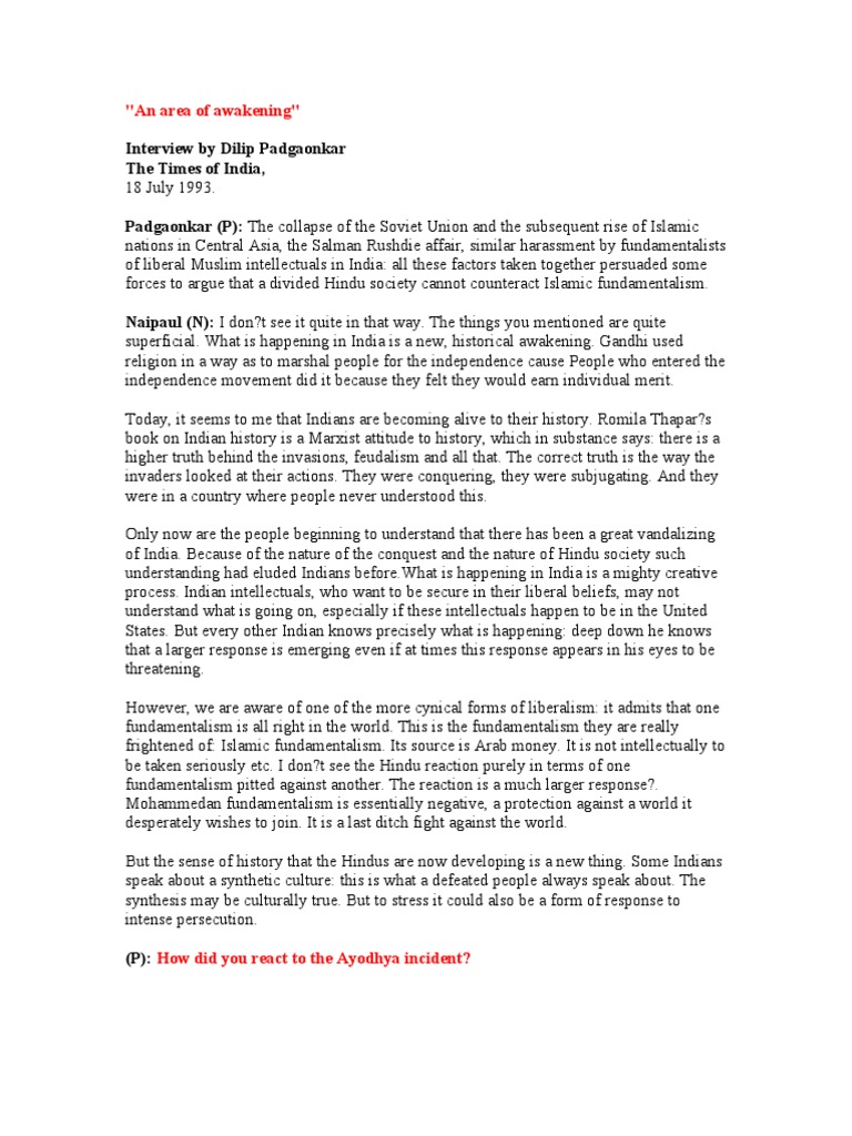 V.S. Naipaul, Nirad C. Chaudhury On Ayodhya | PDF | Politics | Religion ...