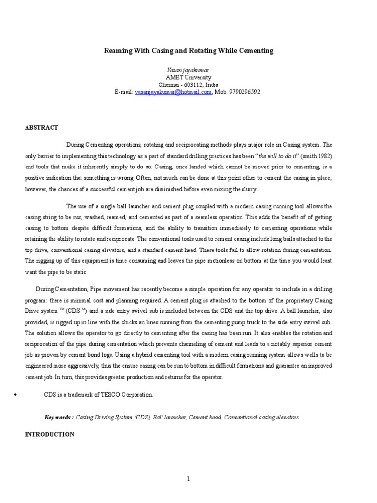 Casing Reaming and Cementing Techniques | PDF | Casing (Borehole ...