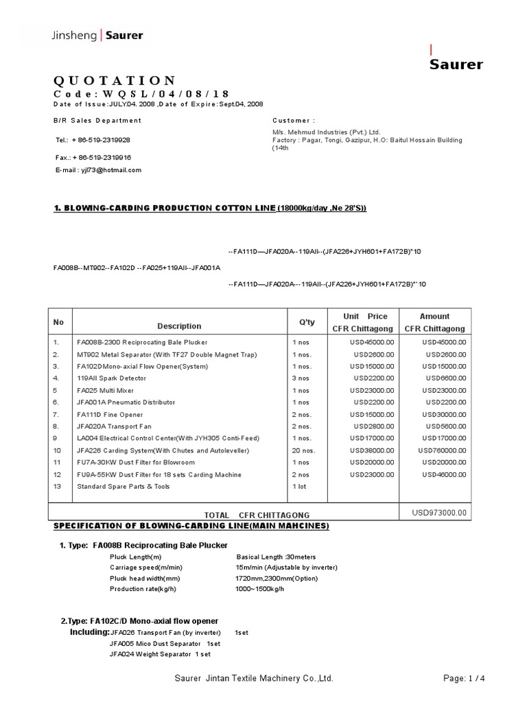 Saurer Textile Machinery Quotation | PDF | Letter Of Credit ...