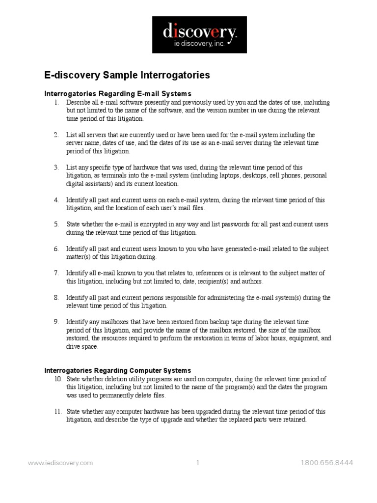 E-Discovery Sample Interrogatories LH | PDF | Backup | Discovery (Law)