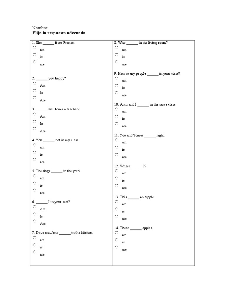 English Verb "To Be" Quiz | PDF