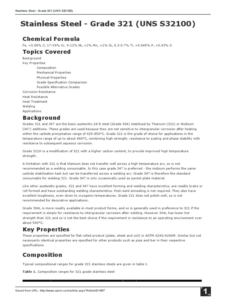 Stainless Steel - Grade 321 (UNS S32100) | PDF | Corrosion | Steel