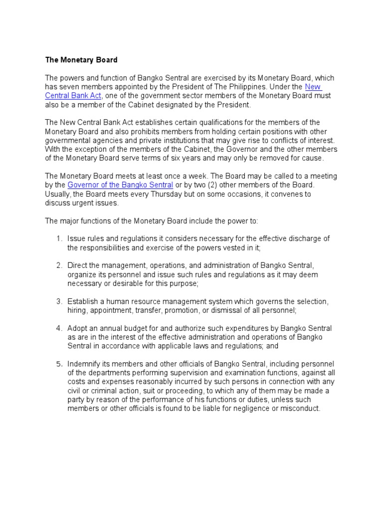 New Central Bank Act: The Monetary Board | PDF