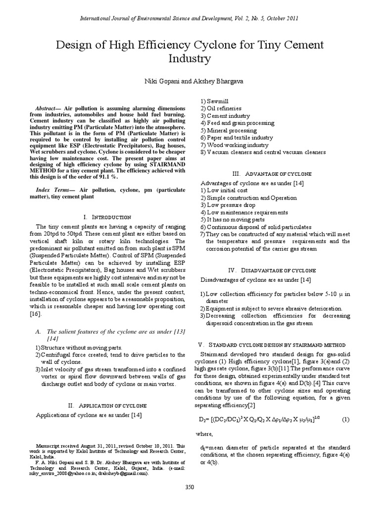 Design of Cyclone For Cement Factory | PDF | Chemistry | Gases