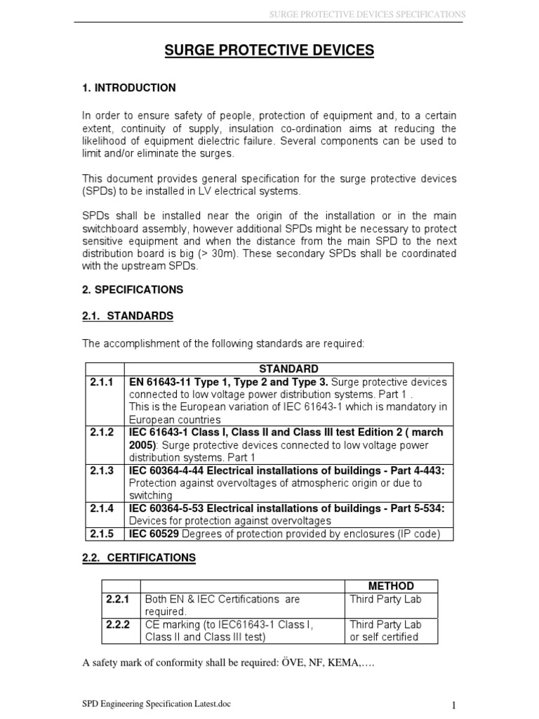 Surge Protection Devices Specifications | PDF | Electrical Wiring ...