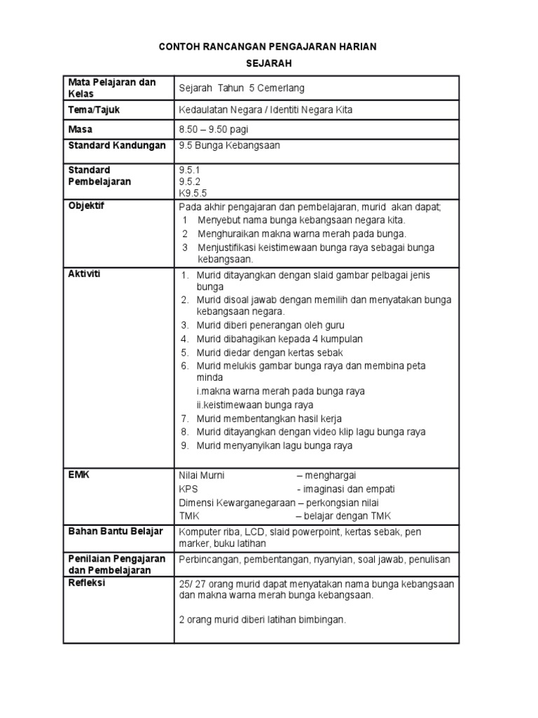 Contoh Rancangan Pengajaran Harian Sejarah Tingkatan 5 - FernandoatBuck
