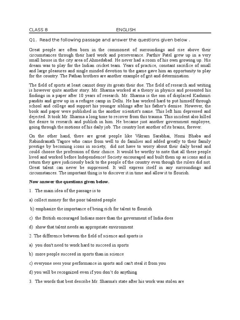 Class 8 English Q1. Read The Following Passage and Answer The Questions ...