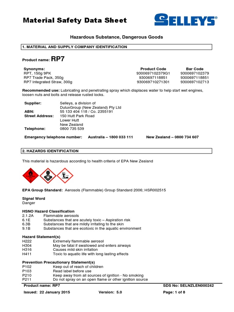 RP7-NZ SDS | PDF | Dangerous Goods | Firefighting