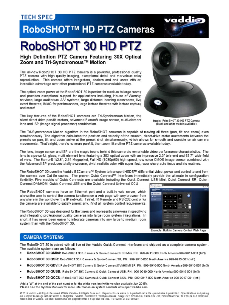 Roboshot 30 Tech Spec Rev A | PDF | Zoom Lens | Camera