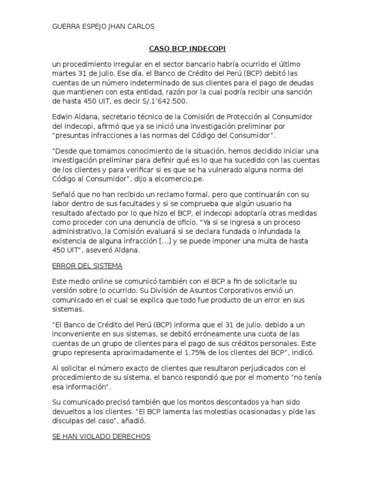 Caso BCP Indecopi | PDF | Tarjeta de débito | Bancos