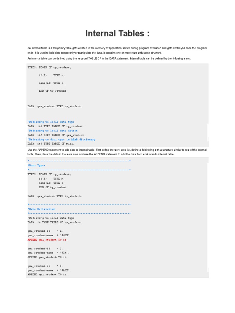Internal Tables:: APPEND Gwa - Student TO It | Download Free PDF ...