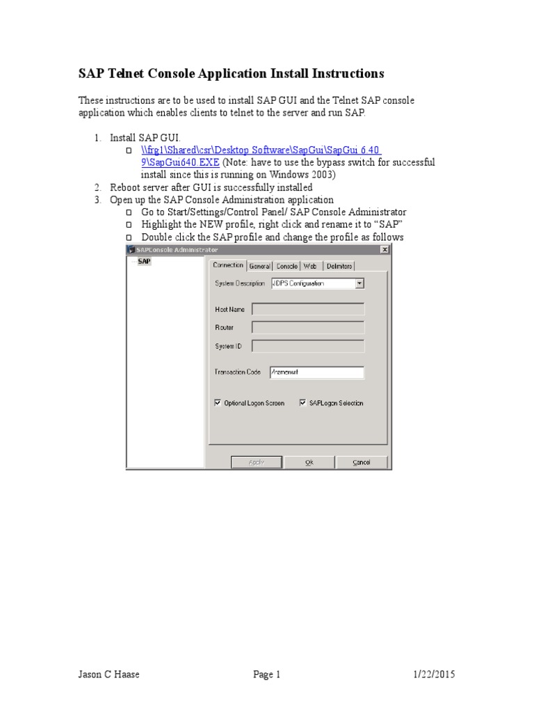 SAP Telnet Console Application Install Instructions | PDF | User ...