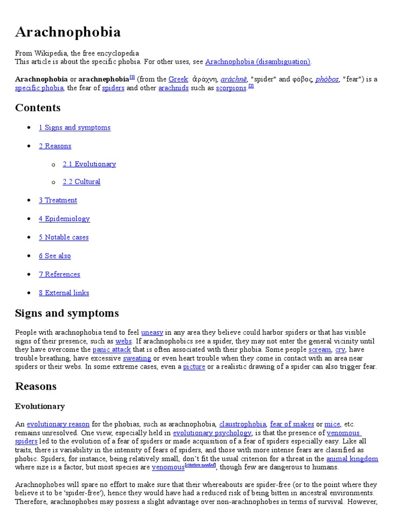 Arachnophobia or Arachnephobia | PDF | Anxiety Disorder | Fear