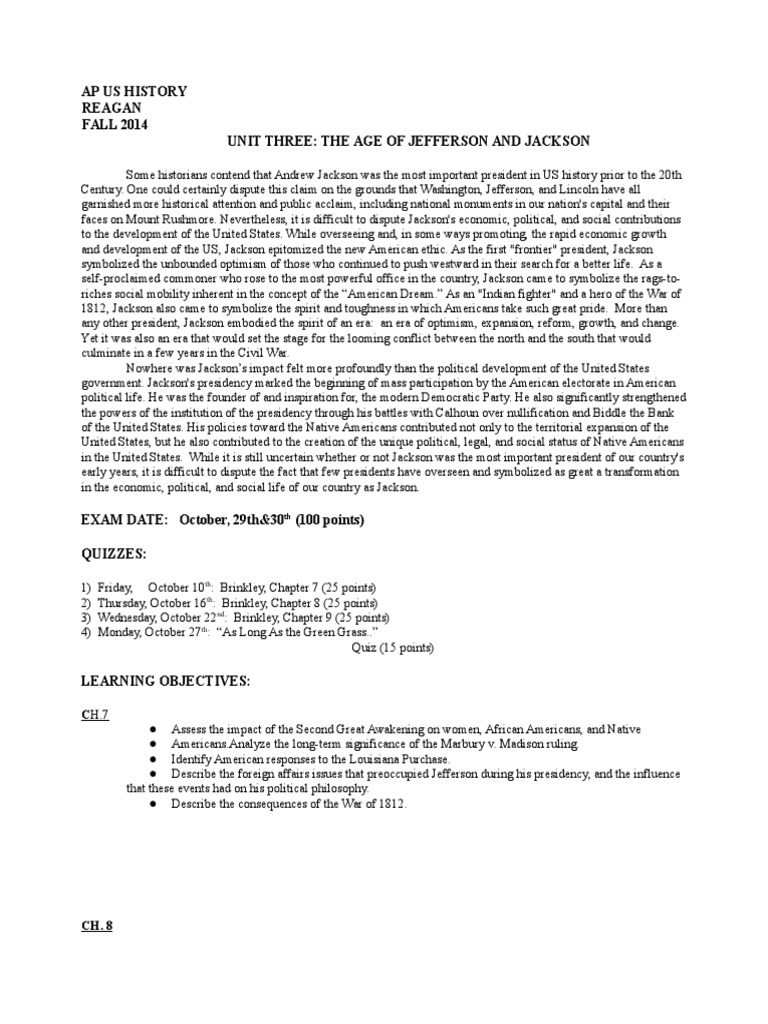 Ap Us History Reagan FALL 2014 Unit Three: The Age of Jefferson and ...