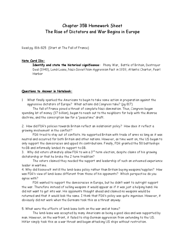Chapter 35B Homework Sheet The Rise of Dictators and War Begins in ...