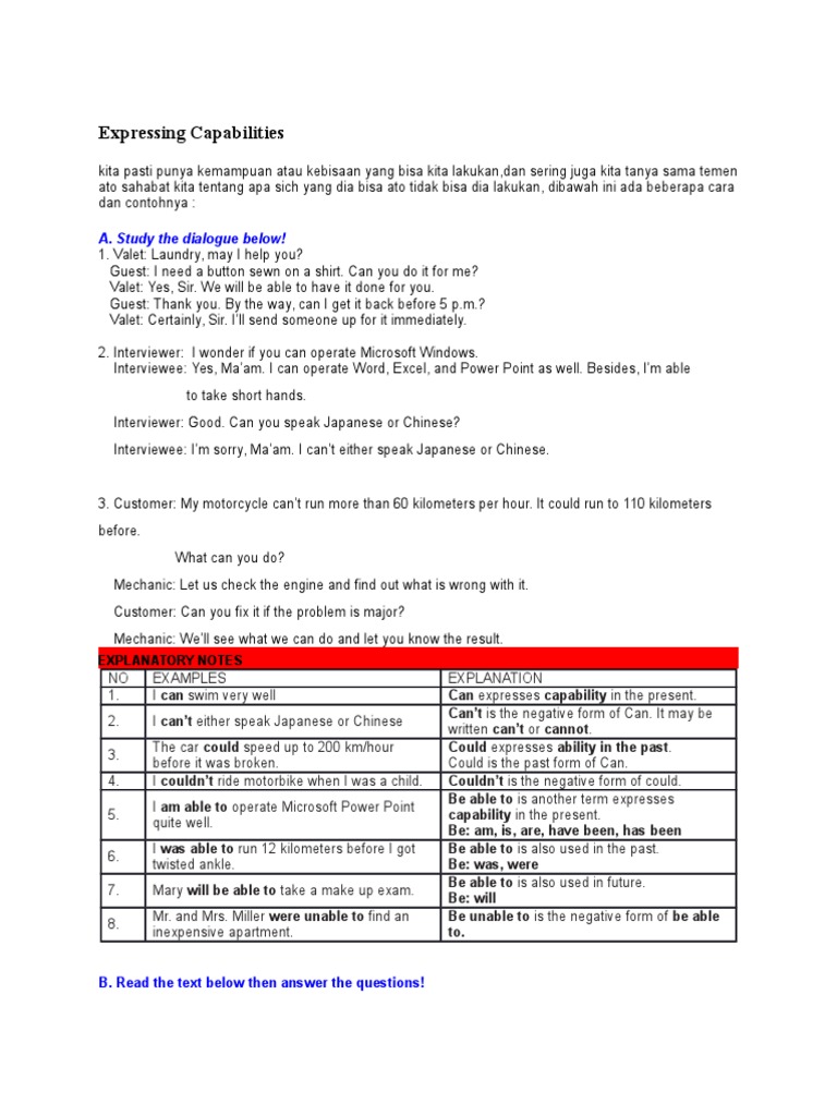Expressing Capabilities: A. Study The Dialogue Below! | PDF
