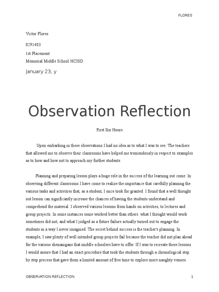 Observation Reflection: January 23, y | PDF | Classroom | Understanding