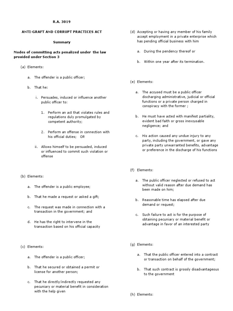 RA 3019 Summary | License | Crimes