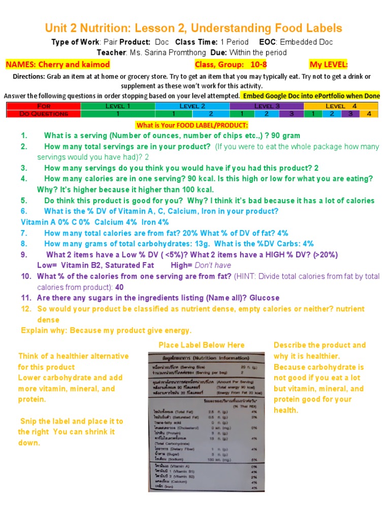 U2l2-Food Label-Student | PDF