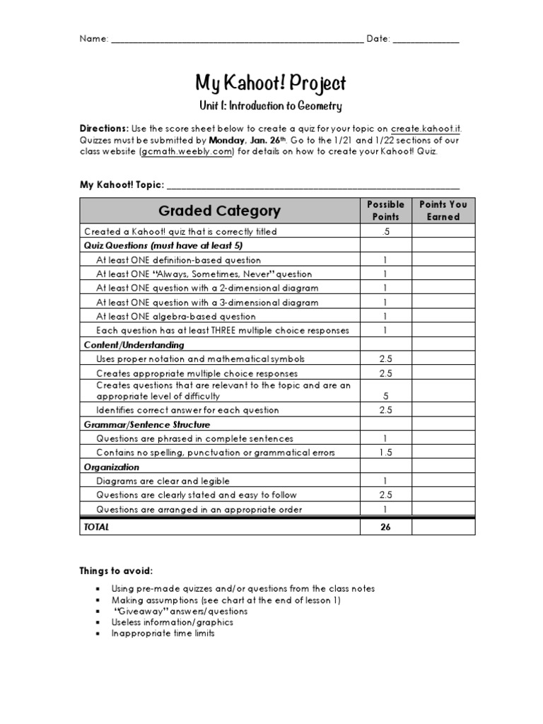Unit 1 Kahoot Rubric | PDF | Quiz | Question