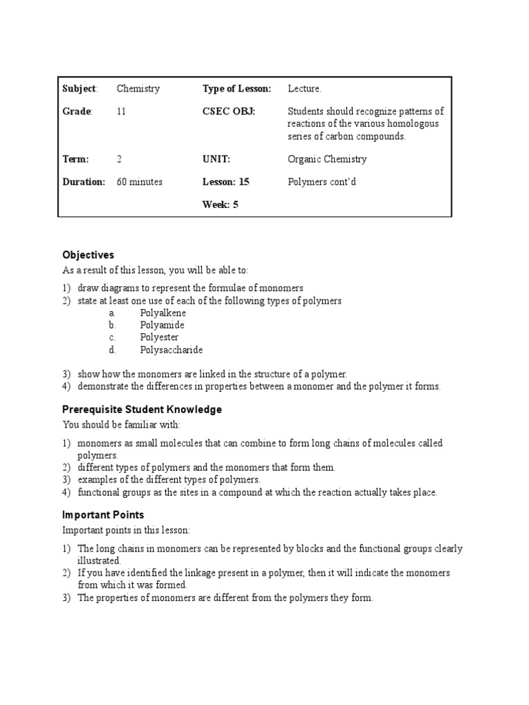 Organic Chemistry Lesson 15 Polymers Contyyyd Sim | PDF ...