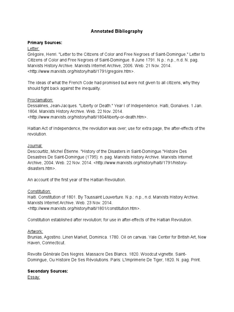 Annotated Bibliography: Primary Sources | PDF | Haiti | Unfree Labour